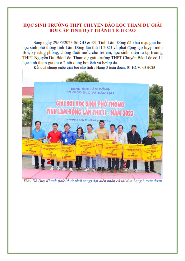 HỌC SINH TRƯỜNG THPT CHUYÊN BẢO LỘC THAM DỰ GIẢI BƠI CẤP TỈNH ĐẠT THÀNH TÍCH CAO